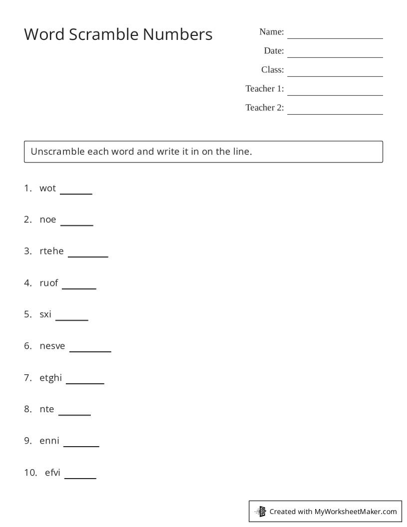 Word Scramble Numbers - My Worksheet Maker: Create Your Own Worksheets