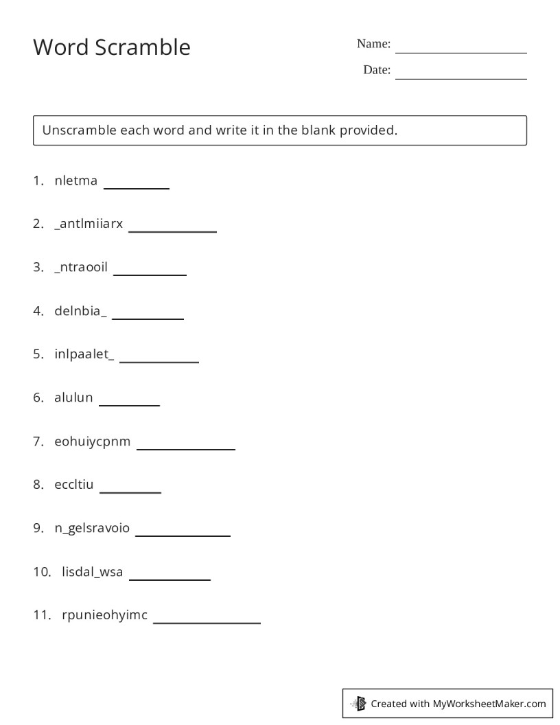Word Scramble - My Worksheet Maker: Create Your Own Worksheets