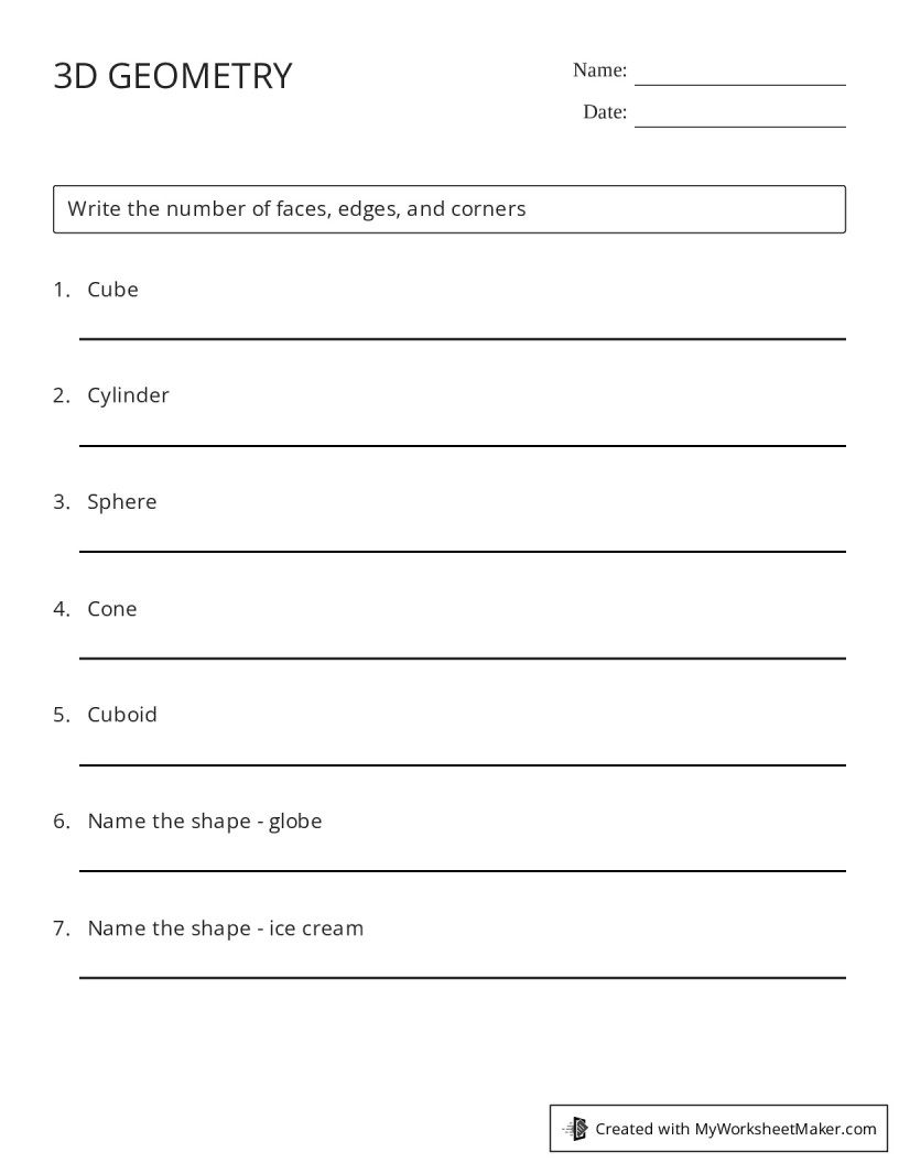 3D GEOMETRY - My Worksheet Maker: Create Your Own Worksheets