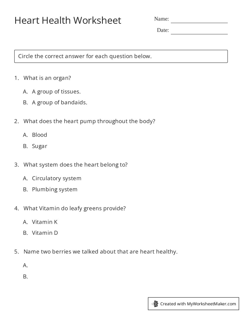 Heart Health Worksheet - My Worksheet Maker: Create Your Own Worksheets