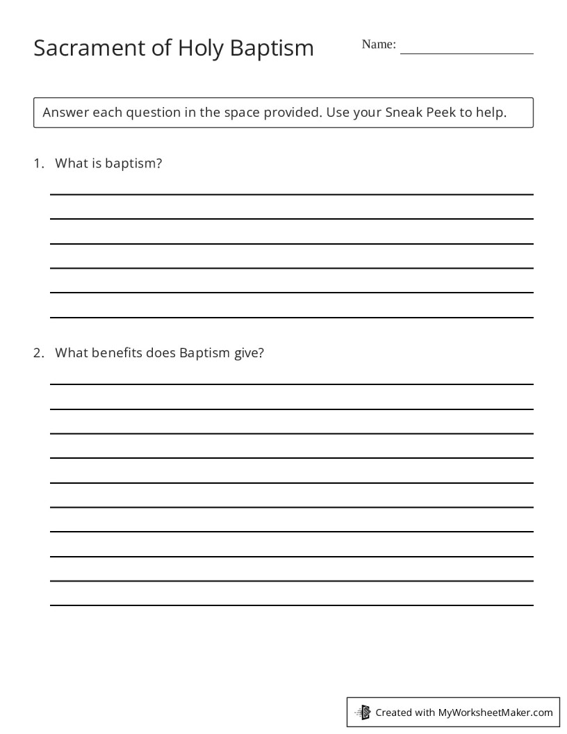 Sacrament of Holy Baptism - My Worksheet Maker: Create Your Own Worksheets
