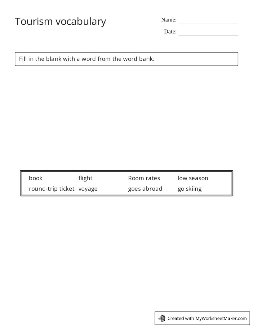Tourism vocabulary - My Worksheet Maker: Create Your Own Worksheets