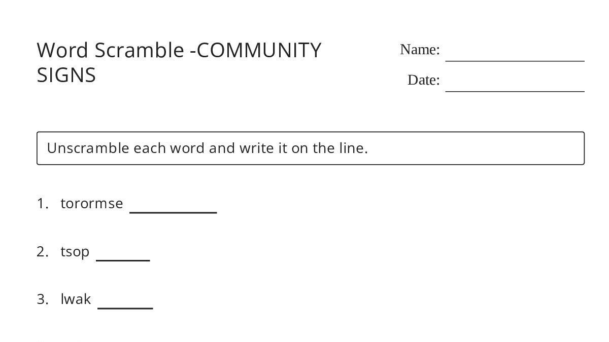 Word Scramble -COMMUNITY SIGNS - My Worksheet Maker: Create Your Own ...