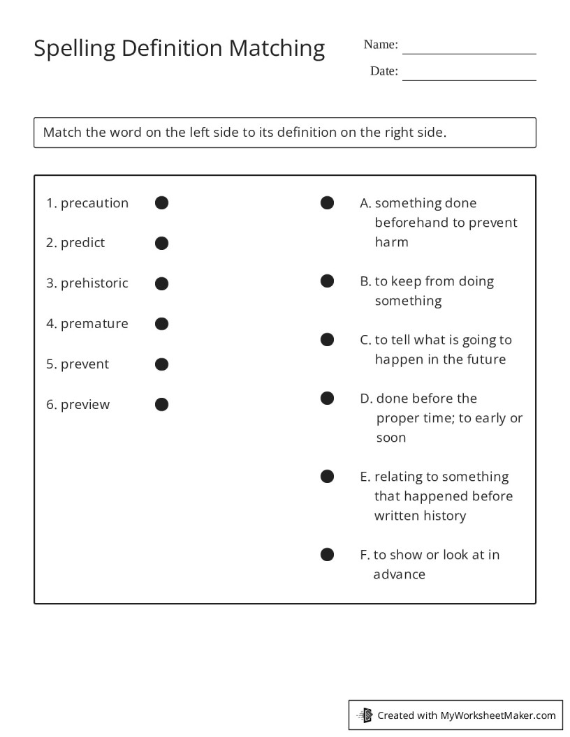 Spelling Definition Matching - My Worksheet Maker: Create Your Own ...