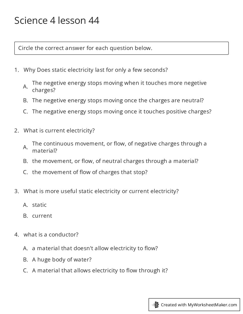 Science 4 lesson 44 - My Worksheet Maker: Create Your Own Worksheets