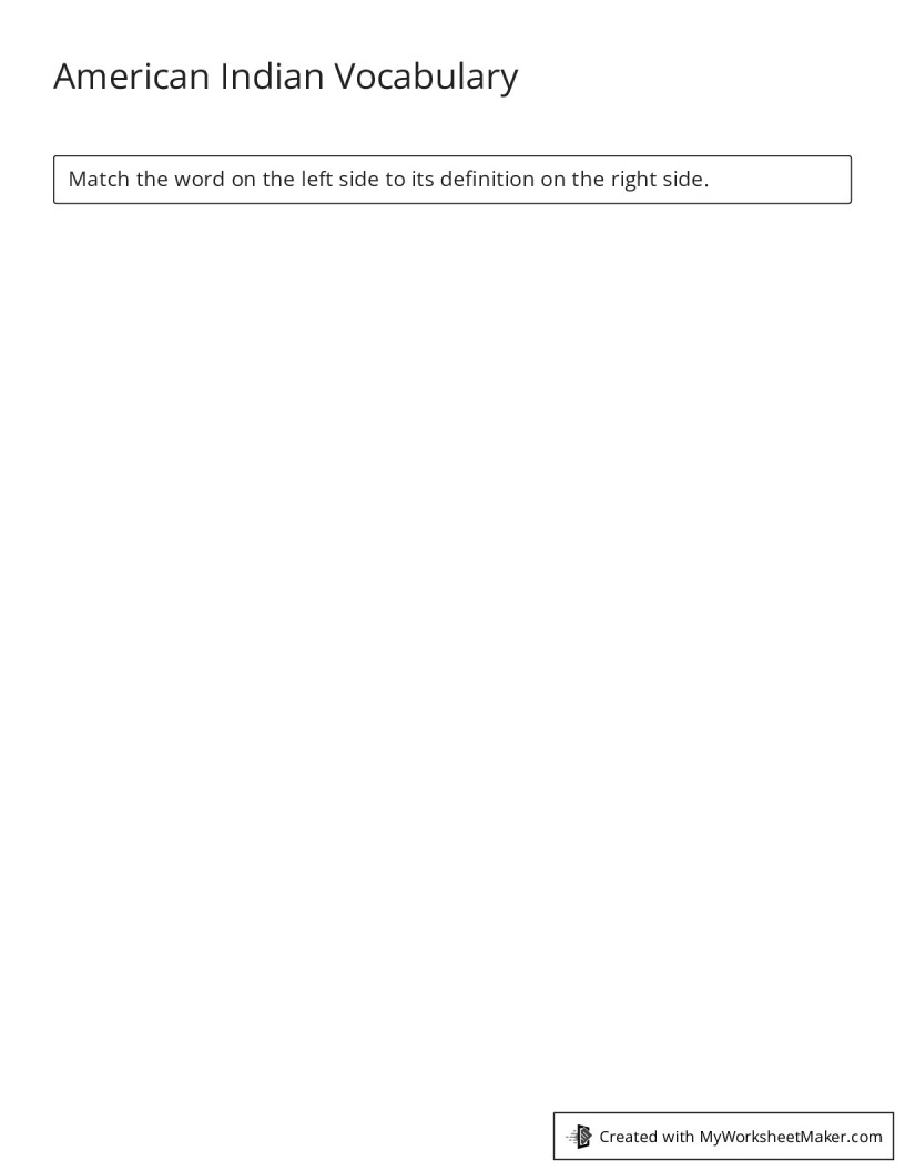 American Indian Vocabulary - My Worksheet Maker: Create Your Own Worksheets