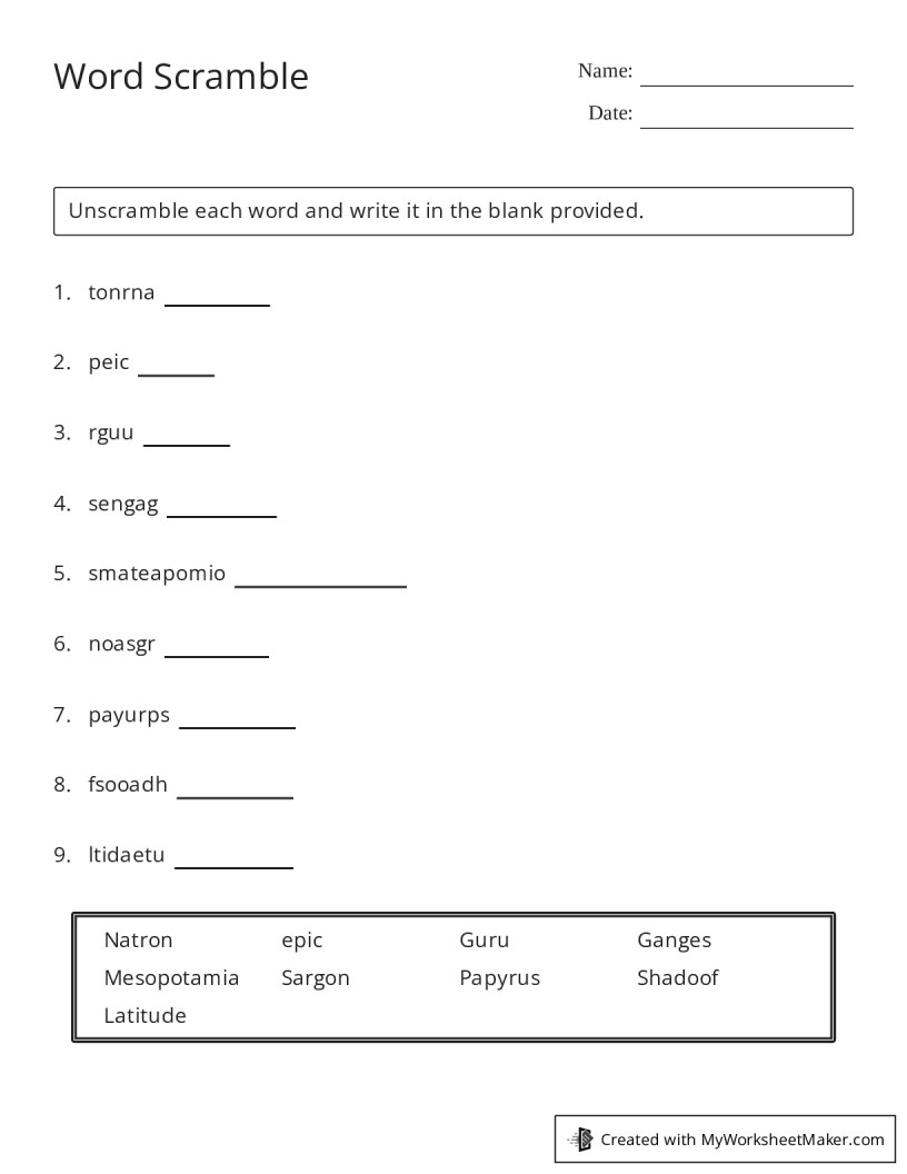 Word Scramble - My Worksheet Maker: Create Your Own Worksheets