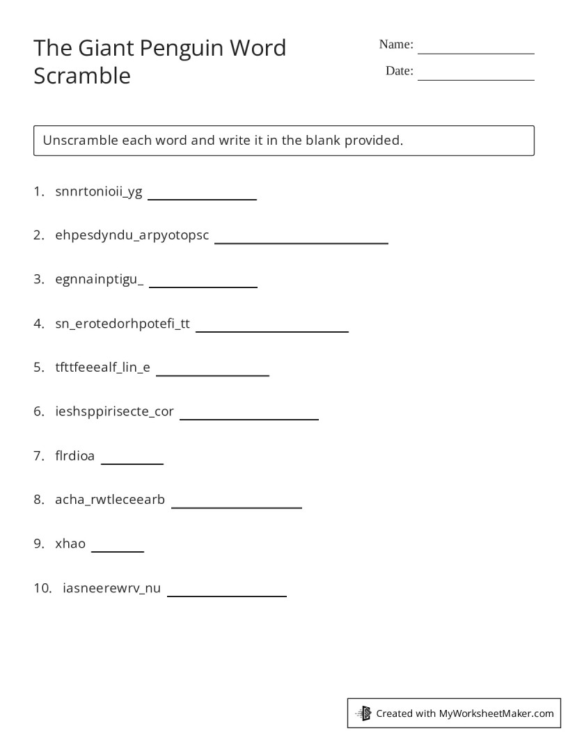 The Giant Penguin Word Scramble - My Worksheet Maker: Create Your Own ...