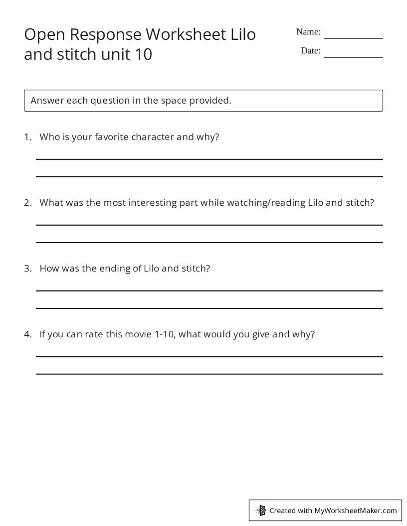 Open Response Worksheet Lilo and stitch unit 10 - My Worksheet Maker ...
