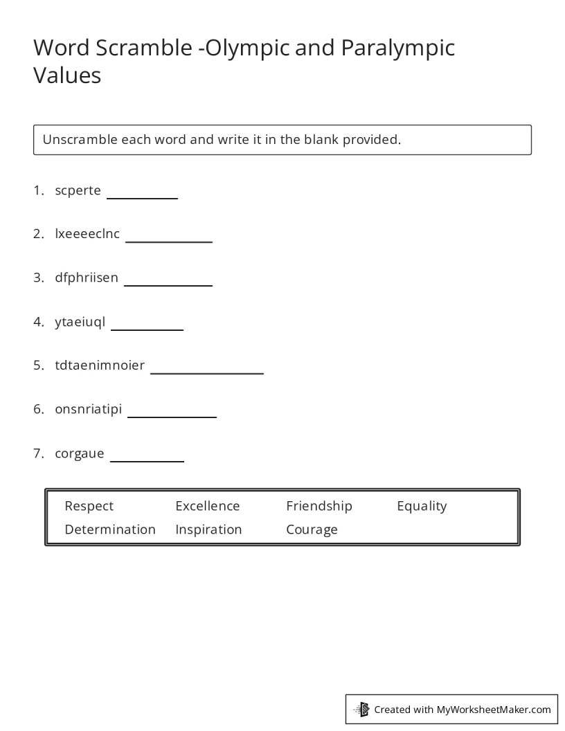 Word Scramble -Olympic and Paralympic Values - My Worksheet Maker ...
