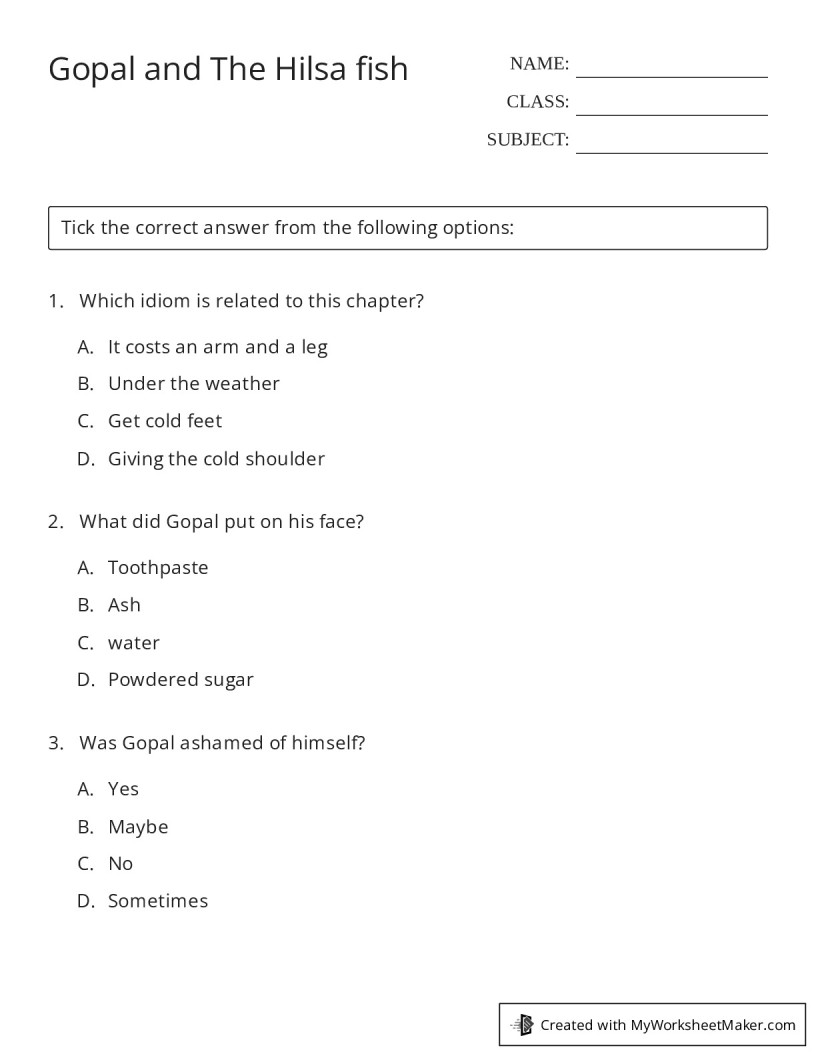 Gopal and The Hilsa fish - My Worksheet Maker: Create Your Own Worksheets