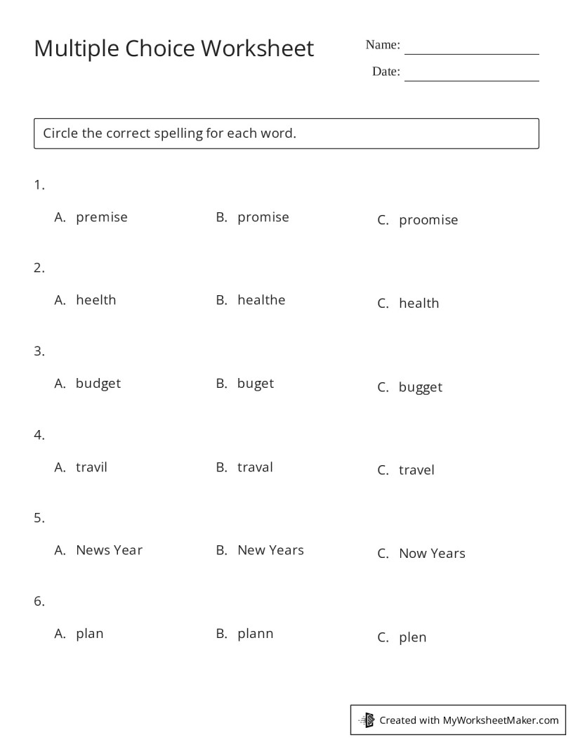Multiple Choice Worksheet - My Worksheet Maker: Create Your Own Worksheets