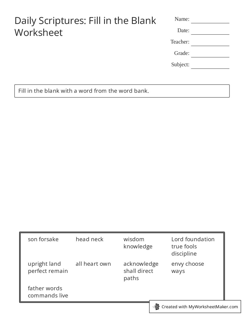 Daily Scriptures: Fill in the Blank Worksheet - My Worksheet Maker ...