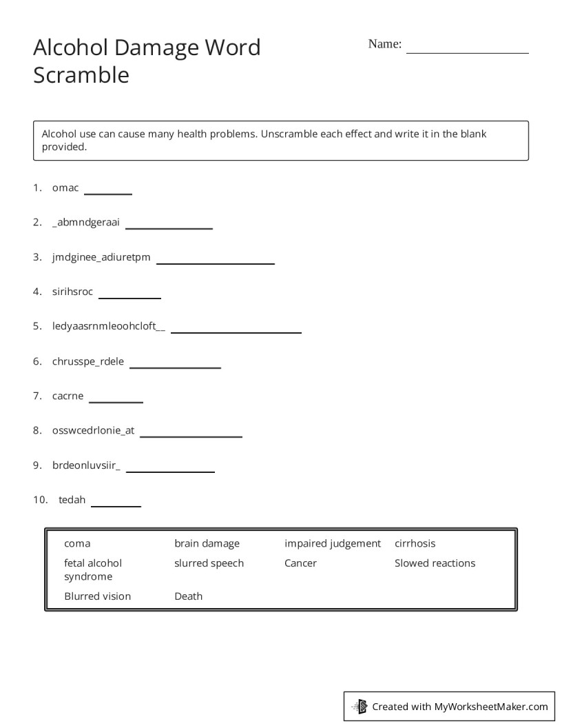 Alcohol Damage Word Scramble - My Worksheet Maker: Create Your Own ...