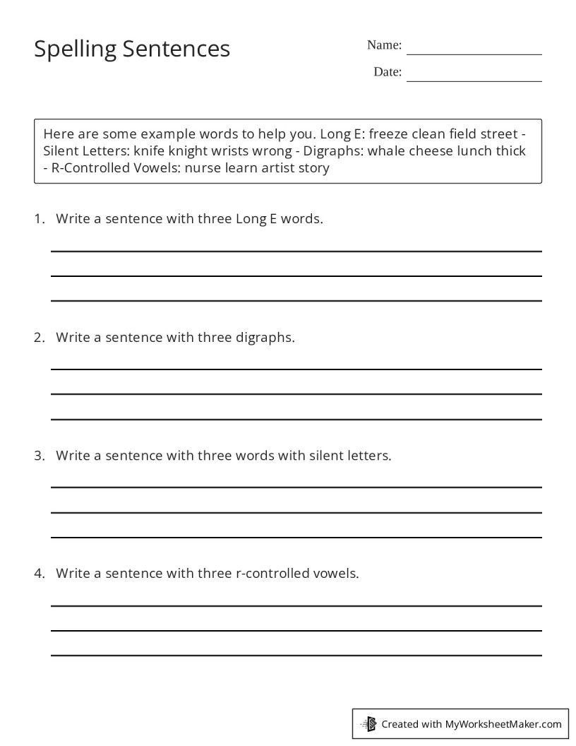 Spelling Sentences - My Worksheet Maker: Create Your Own Worksheets