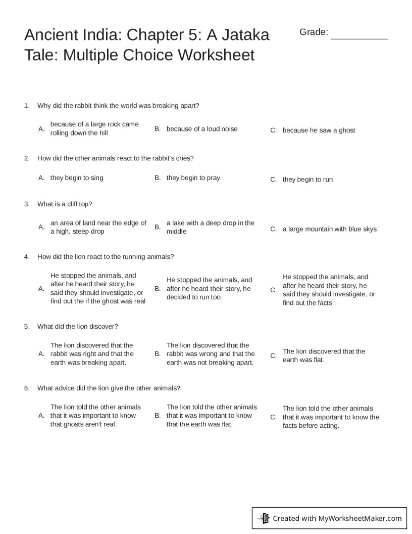 Ancient India: Chapter 5: A Jataka Tale: Multiple Choice Worksheet - My ...