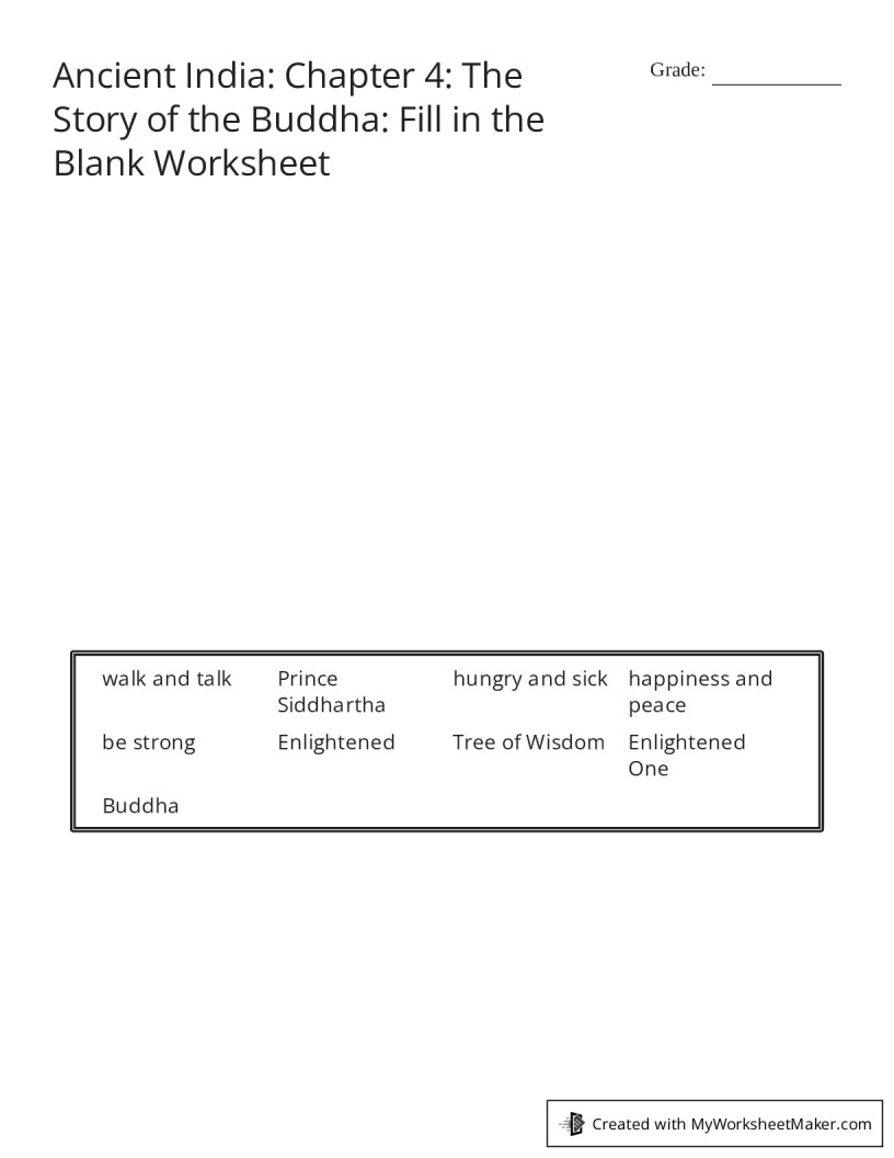 Ancient India: Chapter 4: The Story of the Buddha: Fill in the Blank ...