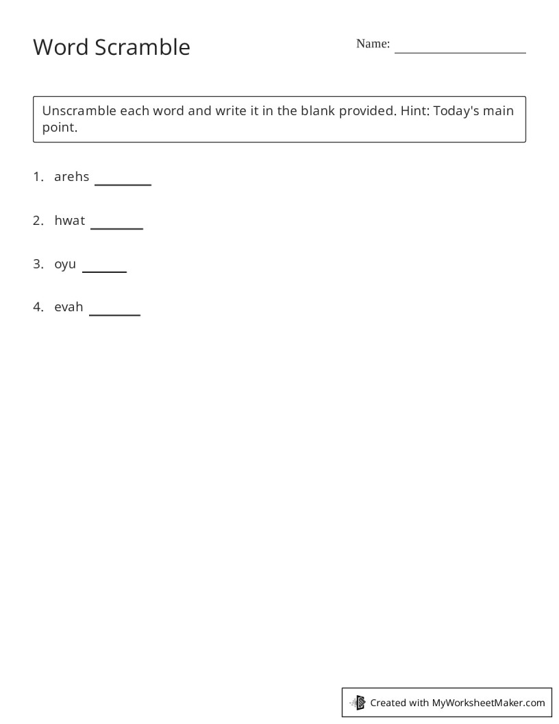 Word Scramble - My Worksheet Maker: Create Your Own Worksheets