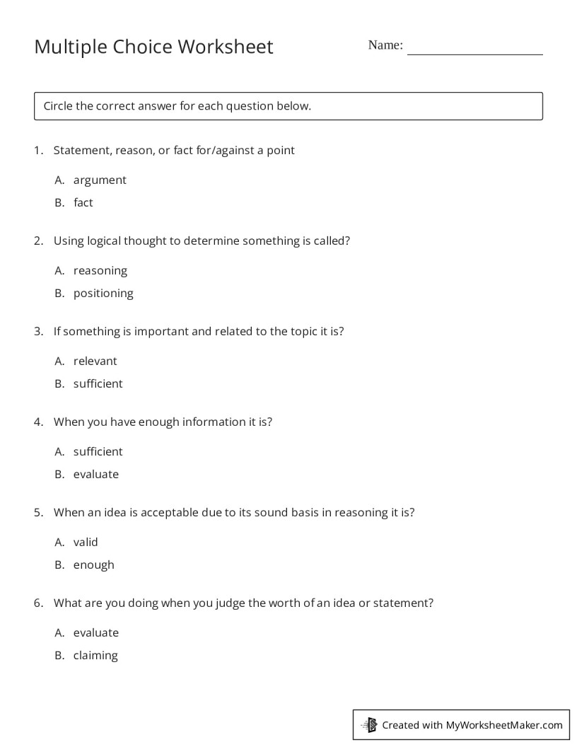 Multiple Choice Worksheet - My Worksheet Maker: Create Your Own Worksheets