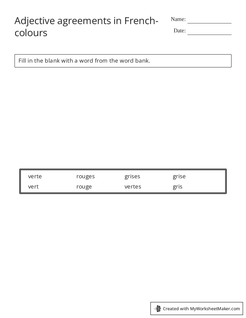 Adjective agreements in French- colours - My Worksheet Maker: Create ...