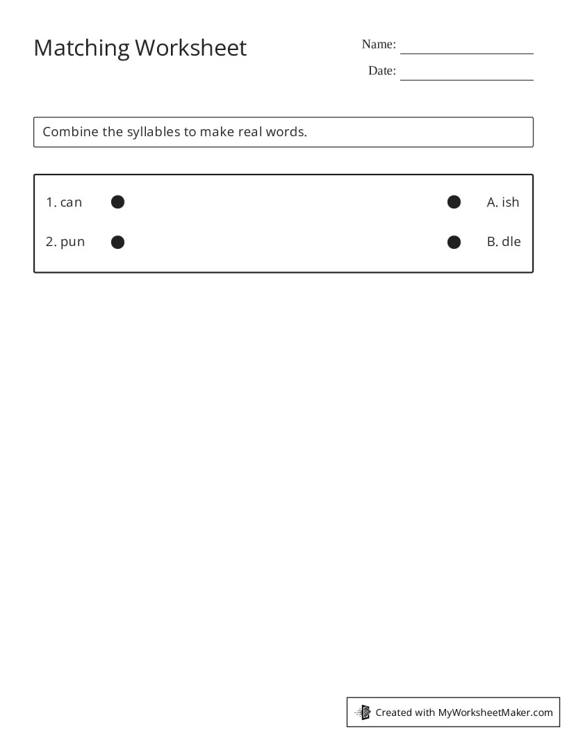 Matching Worksheet - My Worksheet Maker: Create Your Own Worksheets
