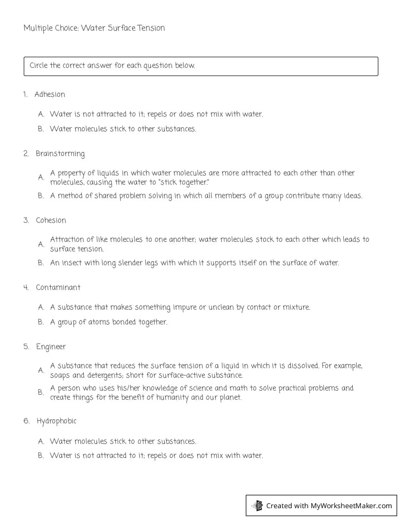 Multiple Choice: Water Surface Tension - My Worksheet Maker: Create ...