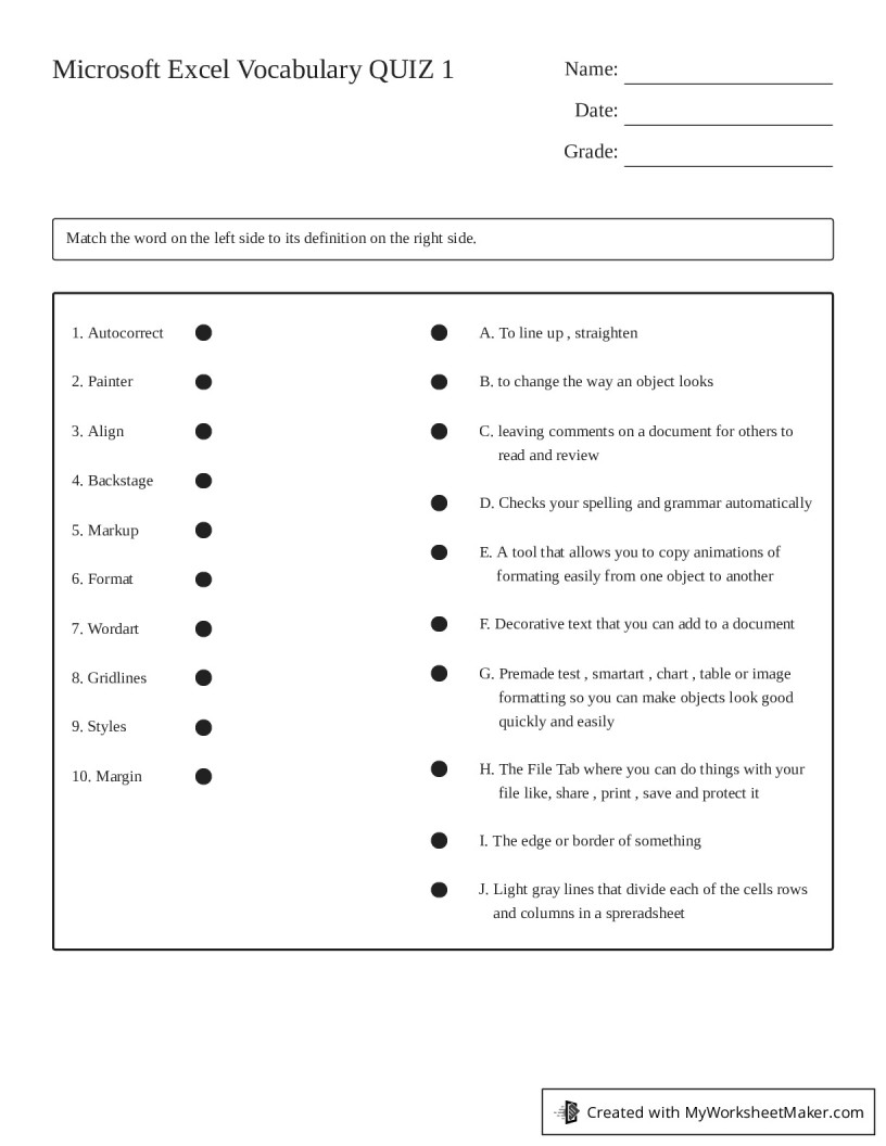 Microsoft Excel Vocabulary QUIZ 1 - My Worksheet Maker: Create Your Own ...