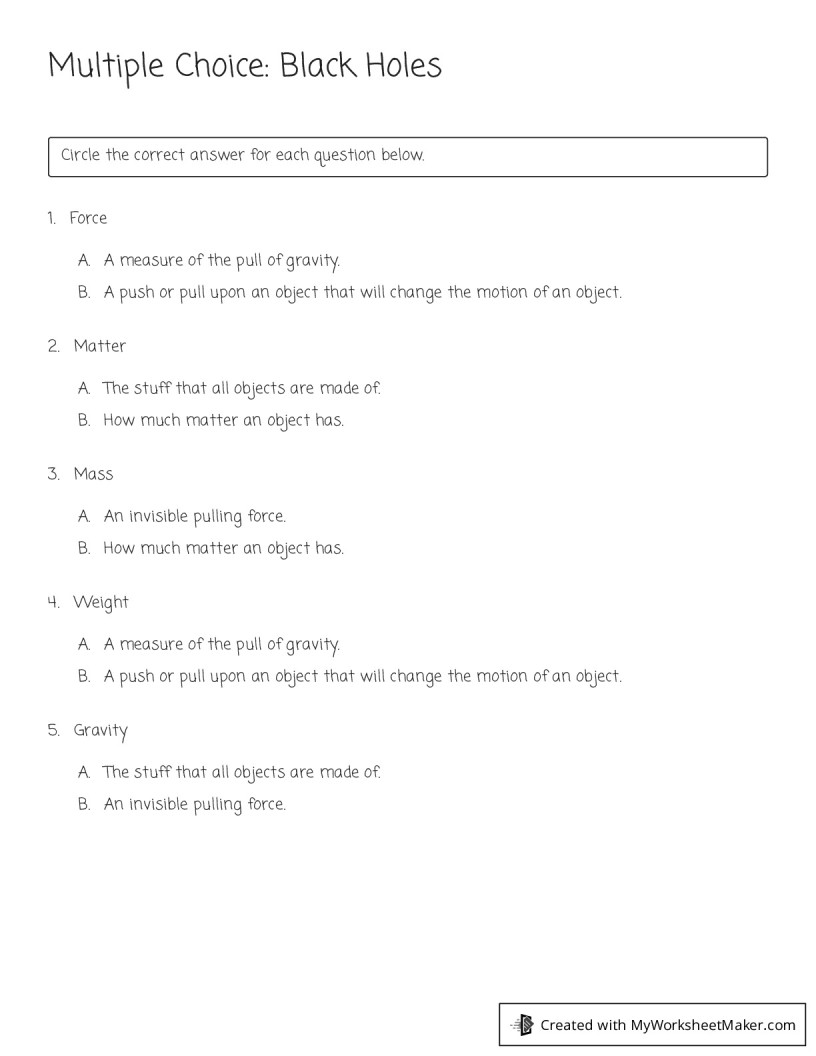 Multiple Choice: Black Holes - My Worksheet Maker: Create Your Own ...