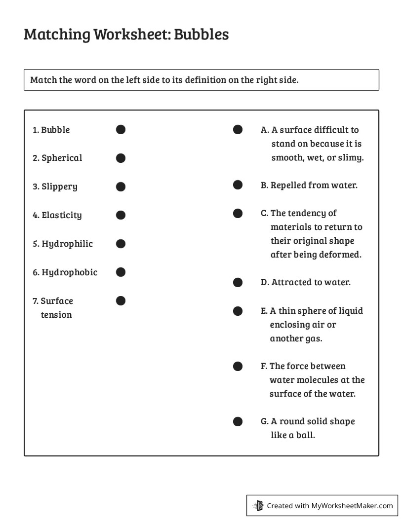 Matching Worksheet: Bubbles - My Worksheet Maker: Create Your Own ...