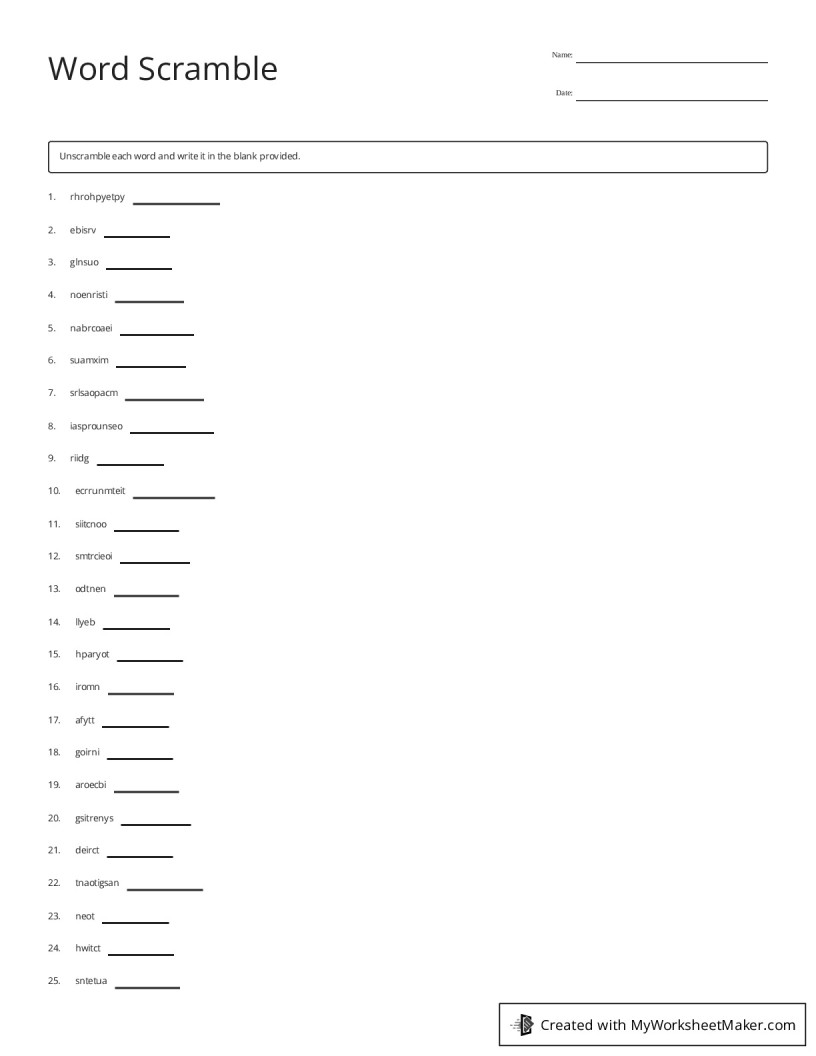 Word Scramble - My Worksheet Maker: Create Your Own Worksheets
