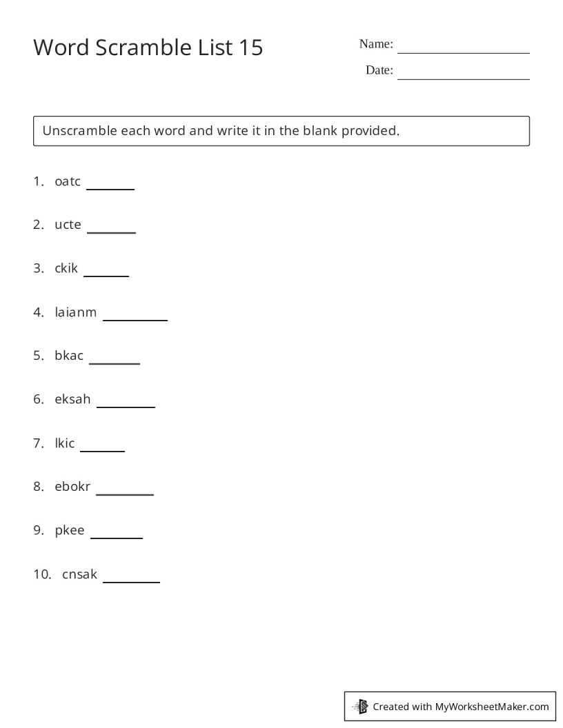 Word Scramble List 15 - My Worksheet Maker: Create Your Own Worksheets