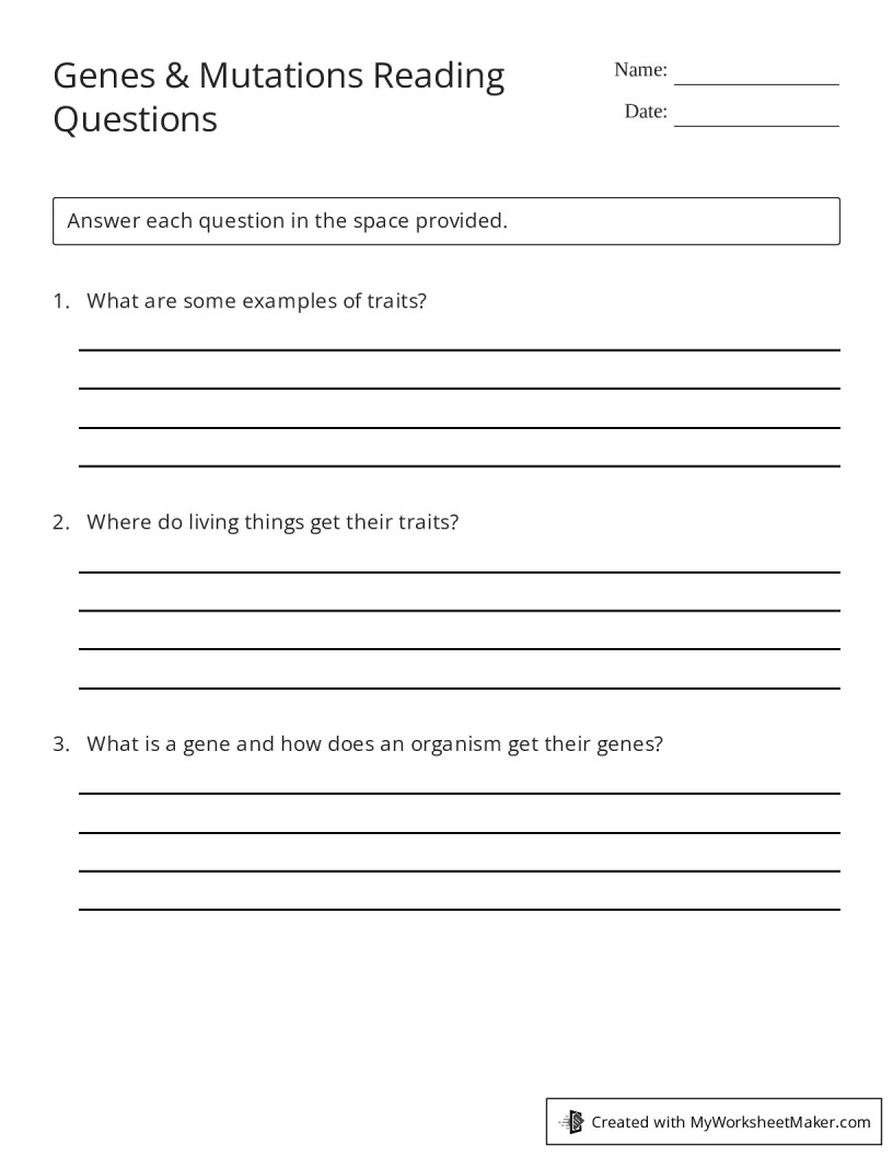 Genes & Mutations Reading Questions - My Worksheet Maker: Create Your ...