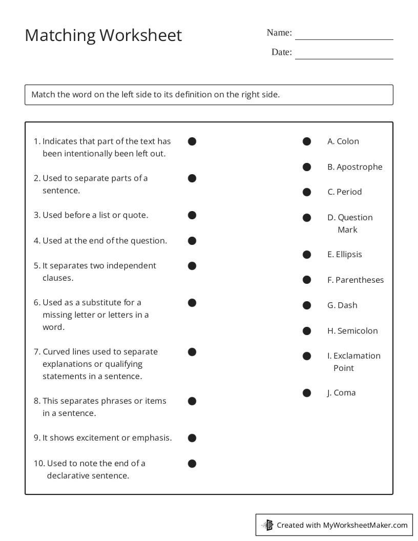 Matching Worksheet - My Worksheet Maker: Create Your Own Worksheets