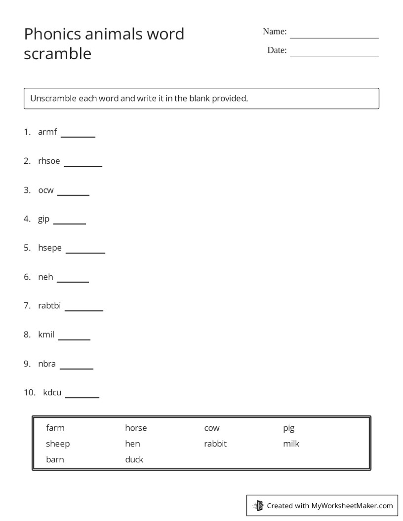 Phonics animals word scramble - My Worksheet Maker: Create Your Own ...