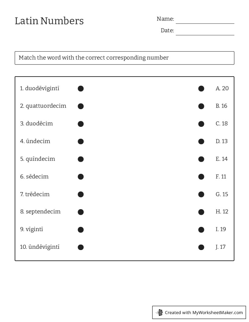 Latin Numbers - My Worksheet Maker: Create Your Own Worksheets
