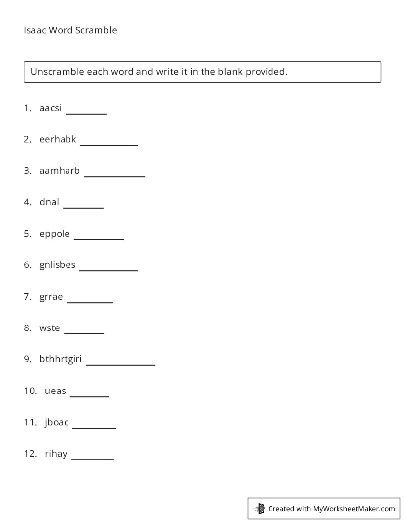 Isaac Word Scramble - My Worksheet Maker: Create Your Own Worksheets