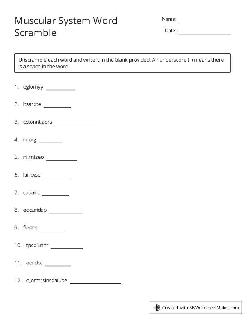Muscular System Word Scramble - My Worksheet Maker: Create Your Own ...