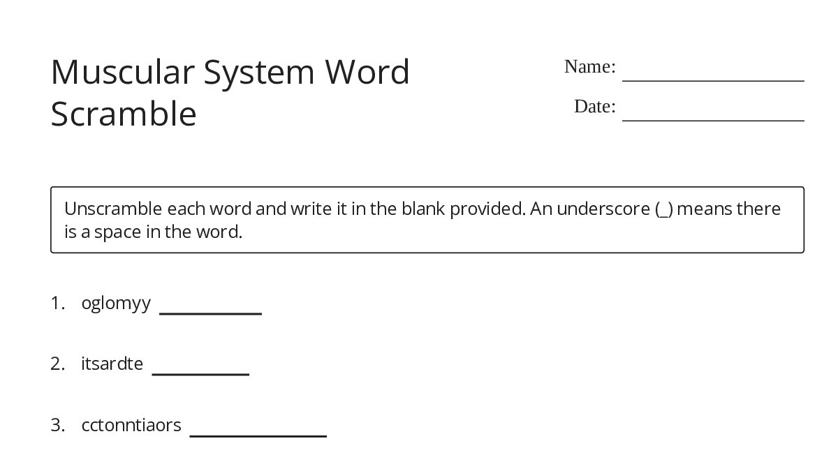 Muscular System Word Scramble - My Worksheet Maker: Create Your Own ...