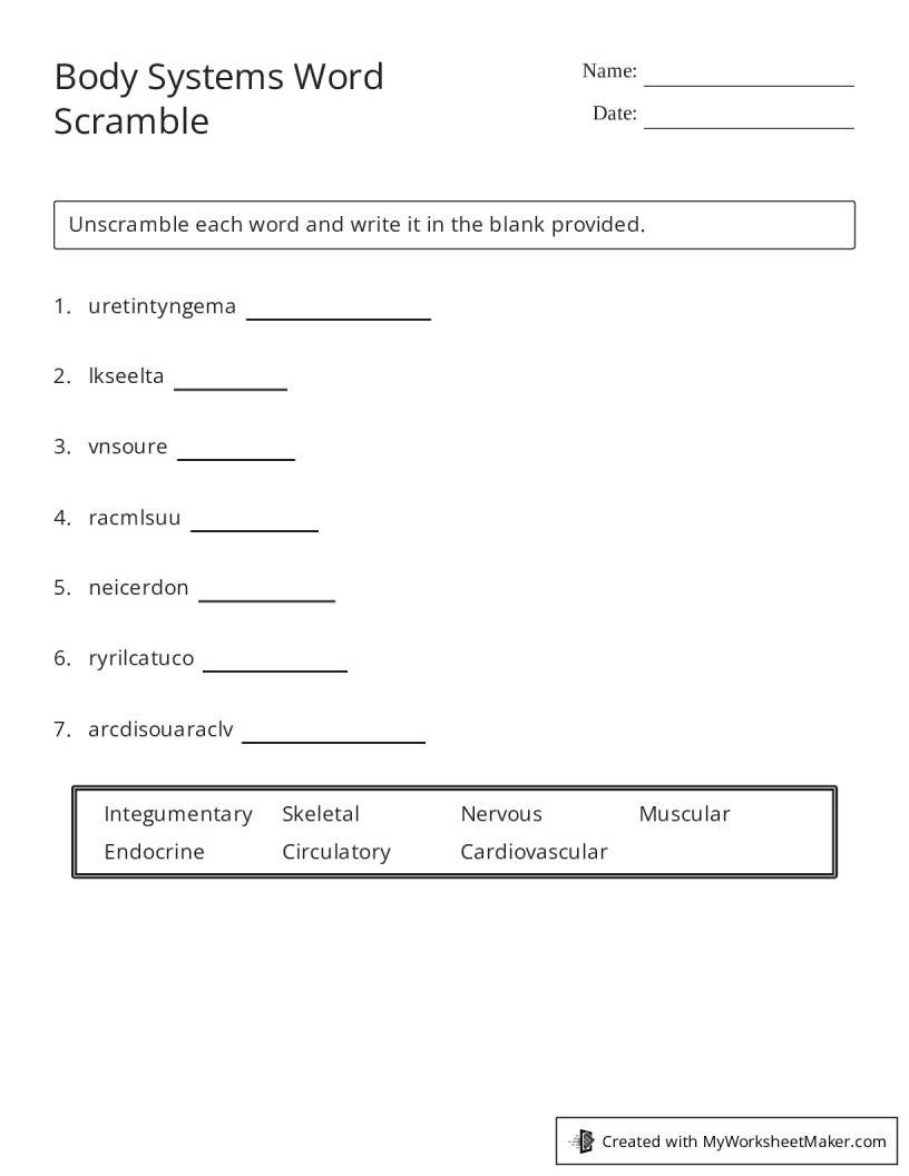 Body Systems Word Scramble - My Worksheet Maker: Create Your Own Worksheets