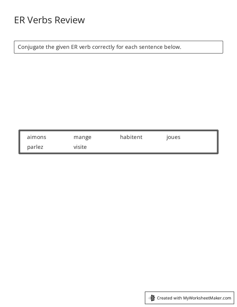 ER Verbs Review - My Worksheet Maker: Create Your Own Worksheets