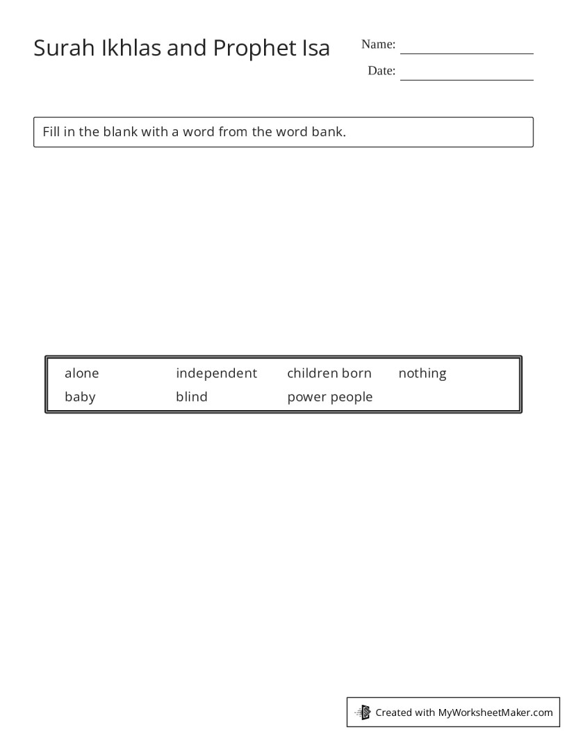 Surah Ikhlas and Prophet Isa - My Worksheet Maker: Create Your Own ...