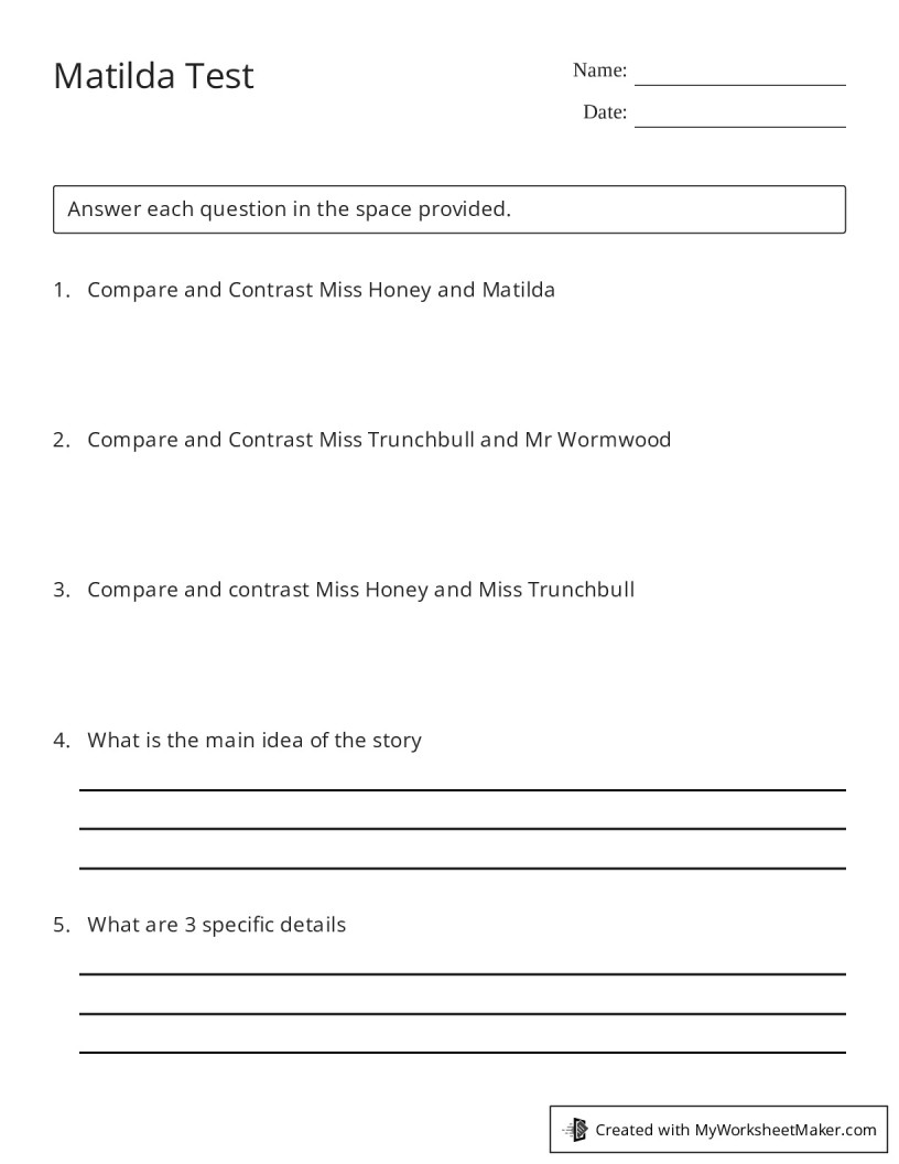 Matilda Test - My Worksheet Maker: Create Your Own Worksheets