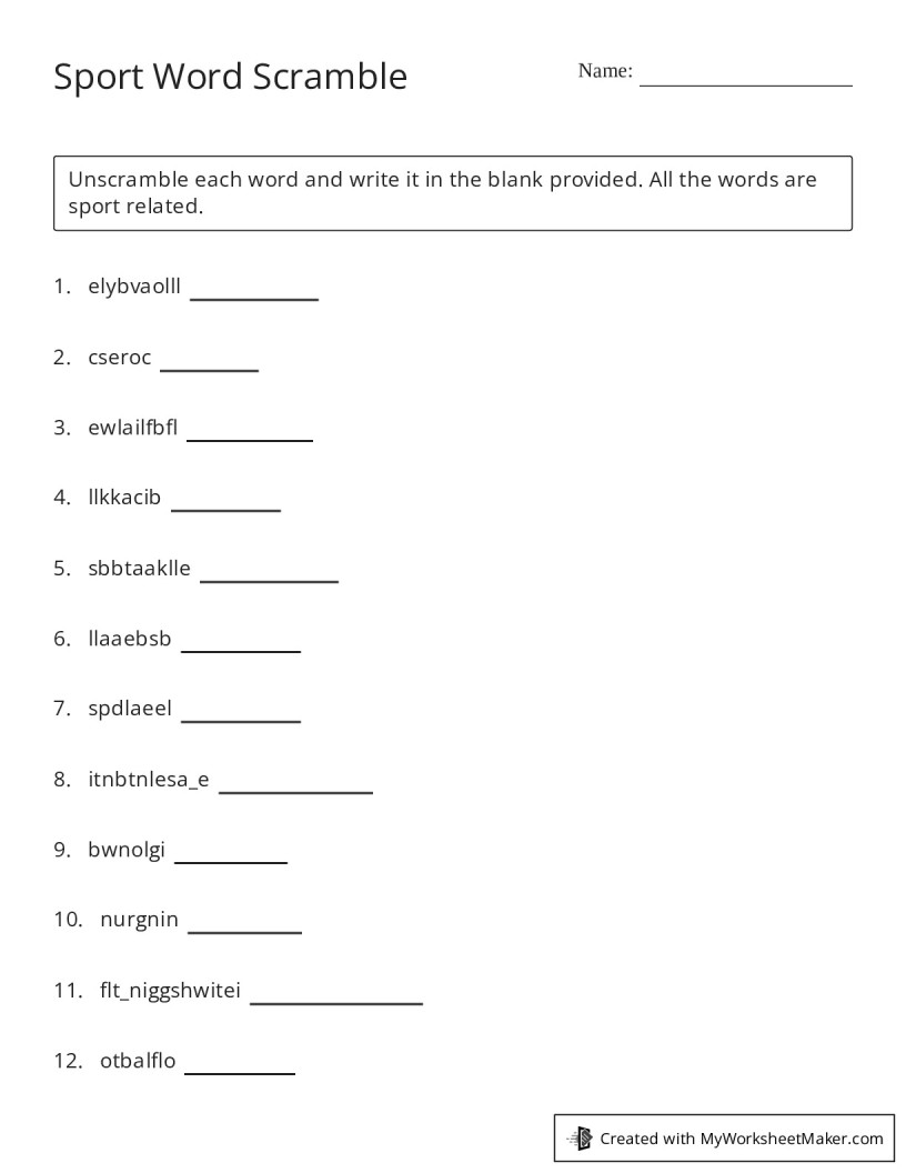 Sport Word Scramble - My Worksheet Maker: Create Your Own Worksheets