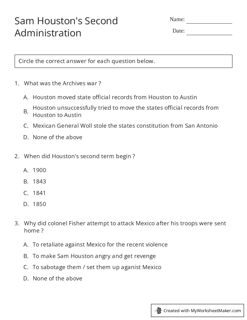 Sam Houston's Second Administration - My Worksheet Maker: Create Your ...