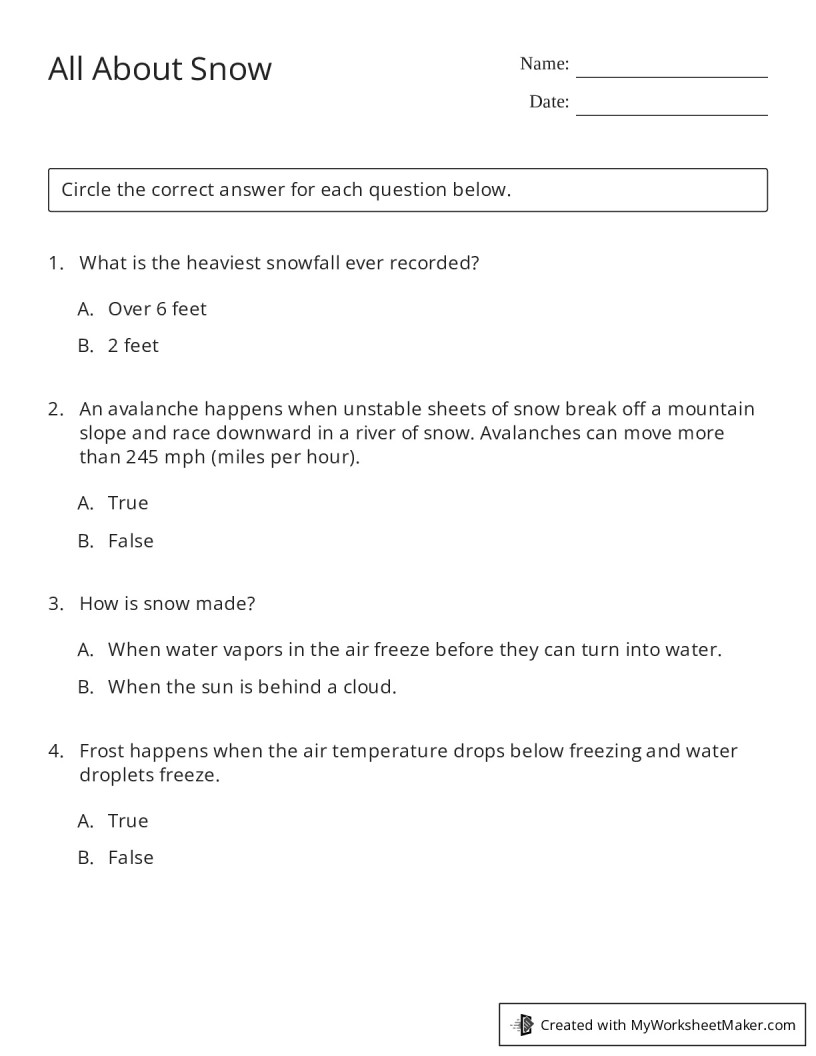 All About Snow - My Worksheet Maker: Create Your Own Worksheets