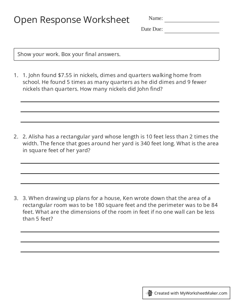 Open Response Worksheet - My Worksheet Maker: Create Your Own Worksheets