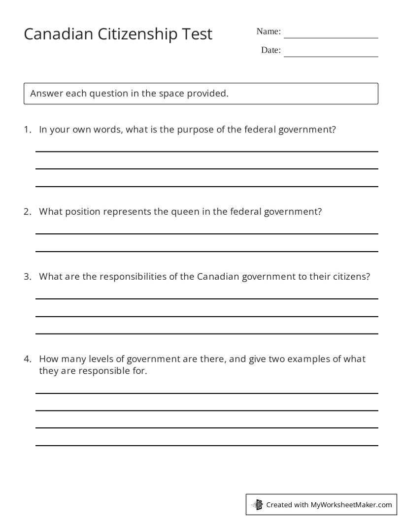 Canadian Citizenship Test - My Worksheet Maker: Create Your Own Worksheets