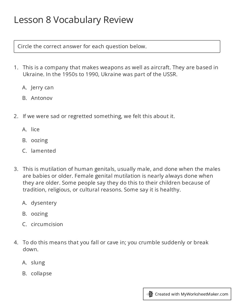 Lesson 8 Vocabulary Review - My Worksheet Maker: Create Your Own Worksheets