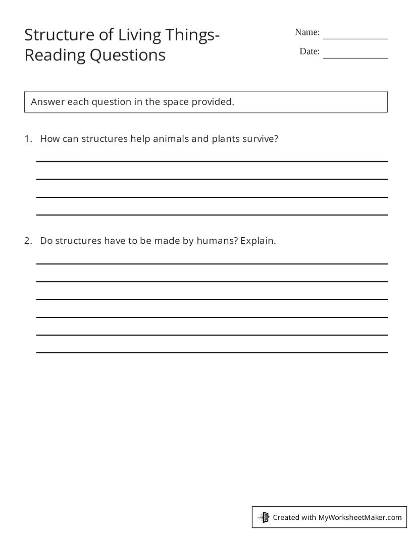 Structure of Living Things- Reading Questions - My Worksheet Maker ...