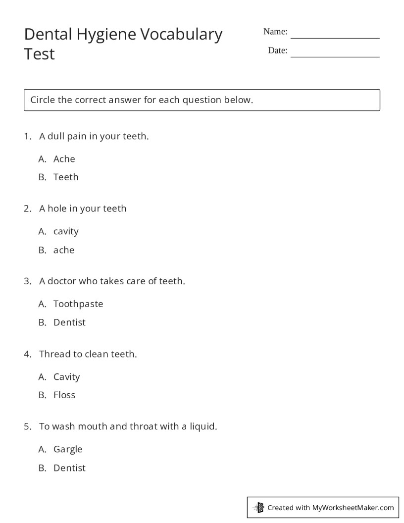 Dental Hygiene Vocabulary Test - My Worksheet Maker: Create Your Own ...